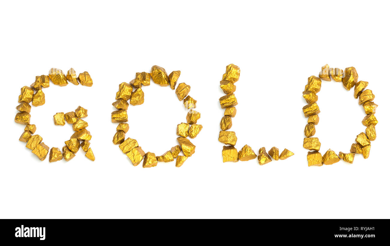 GOLD word text arranged by gold nuggets on white background, business ...