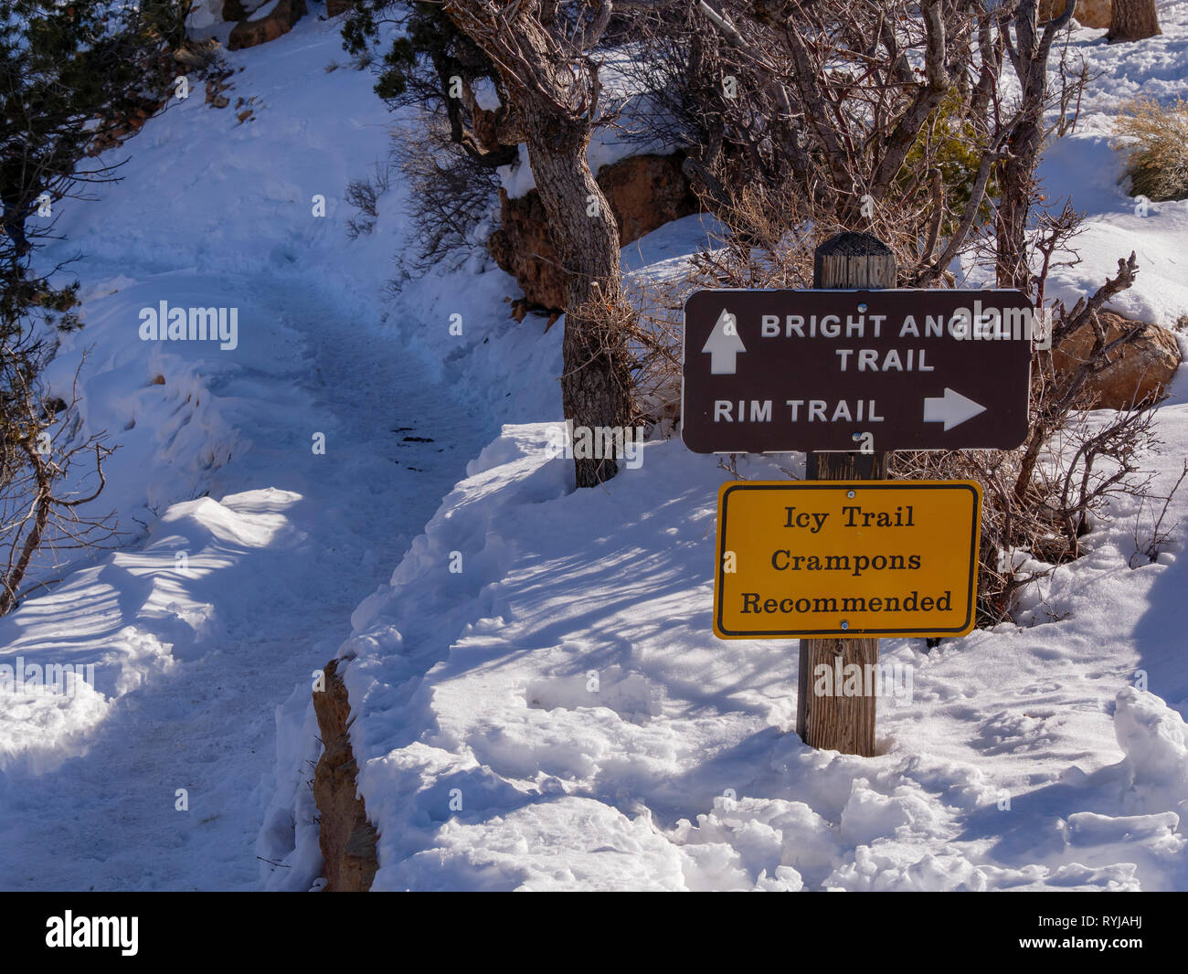 Ice and crampons recommended warning sign. Bright Angel Trail, Grand ...