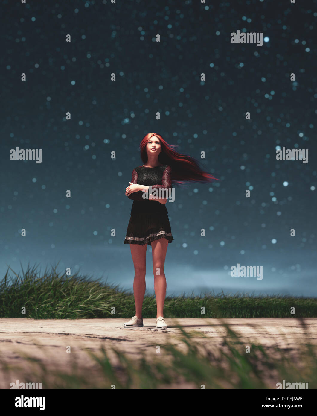 Girl walking alone in starry night,3d rendering Stock Photo - Alamy