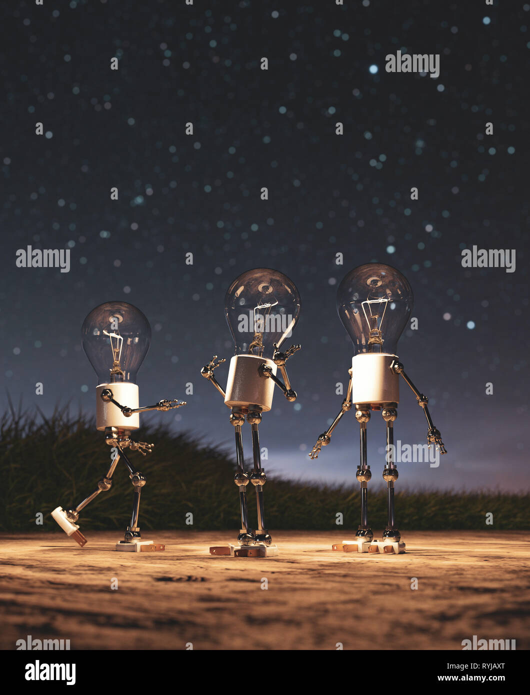Light bulb robots giving a light in starry night conceptual background ...
