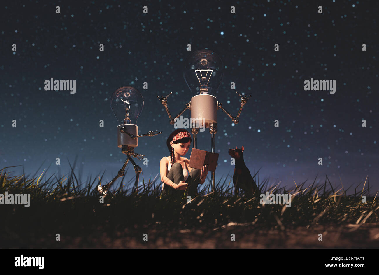 Light bulb robot giving a light to the girl who reading a book in ...