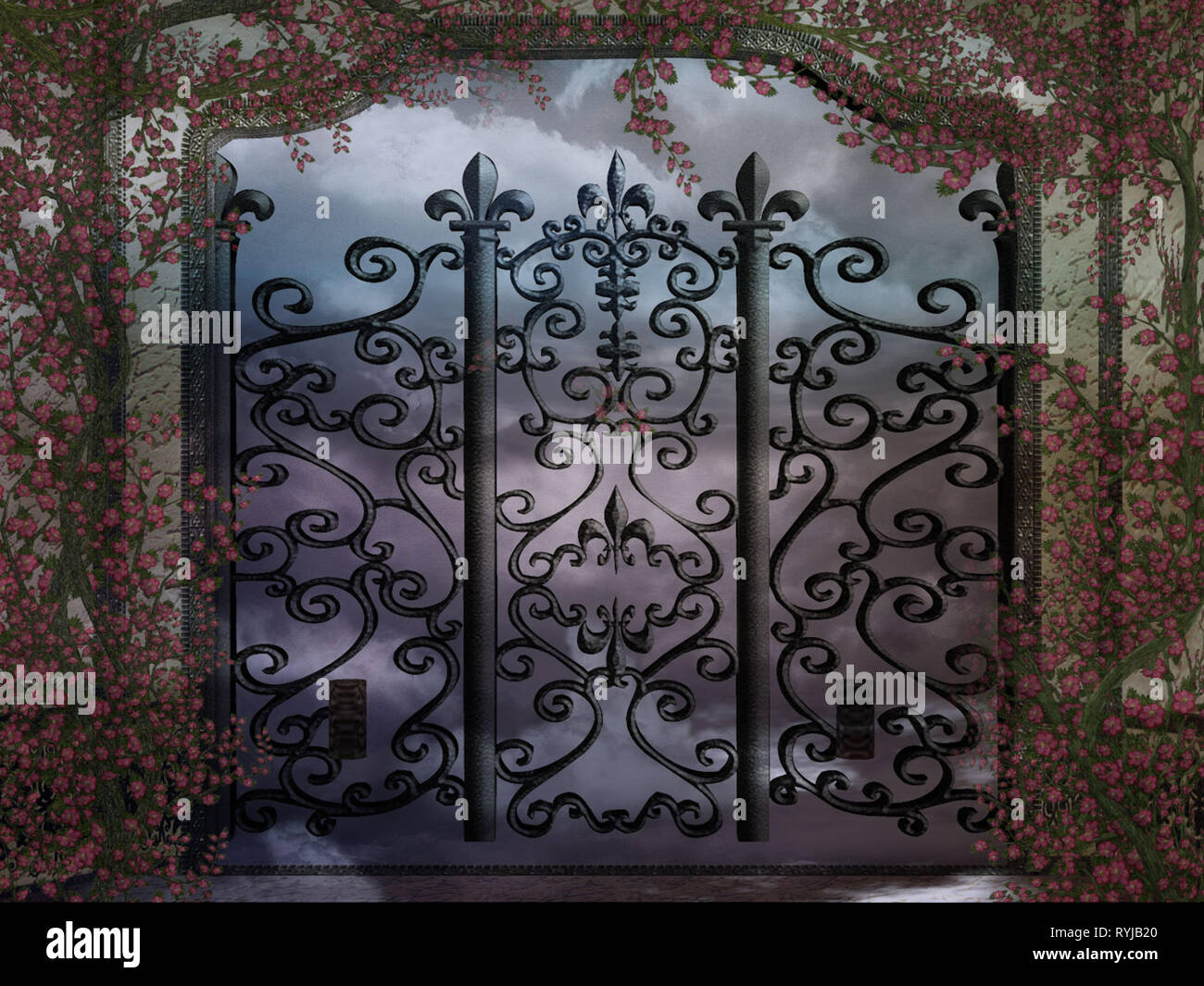 3d illustration graphic background of arch and gate with creepers all ...