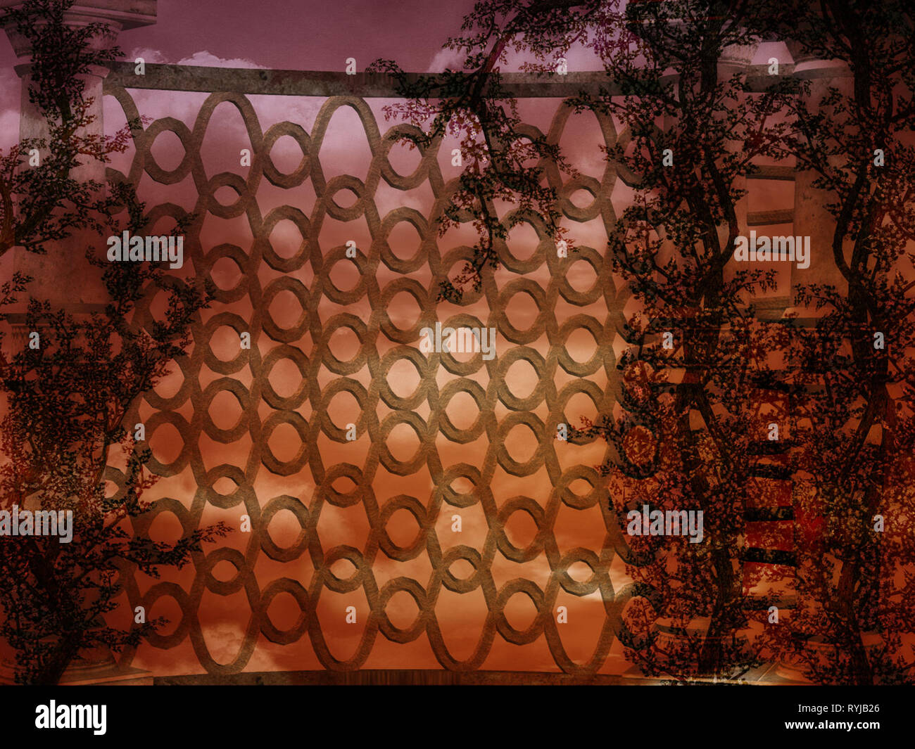 3d illustration graphic background gate with creepers all around with ...