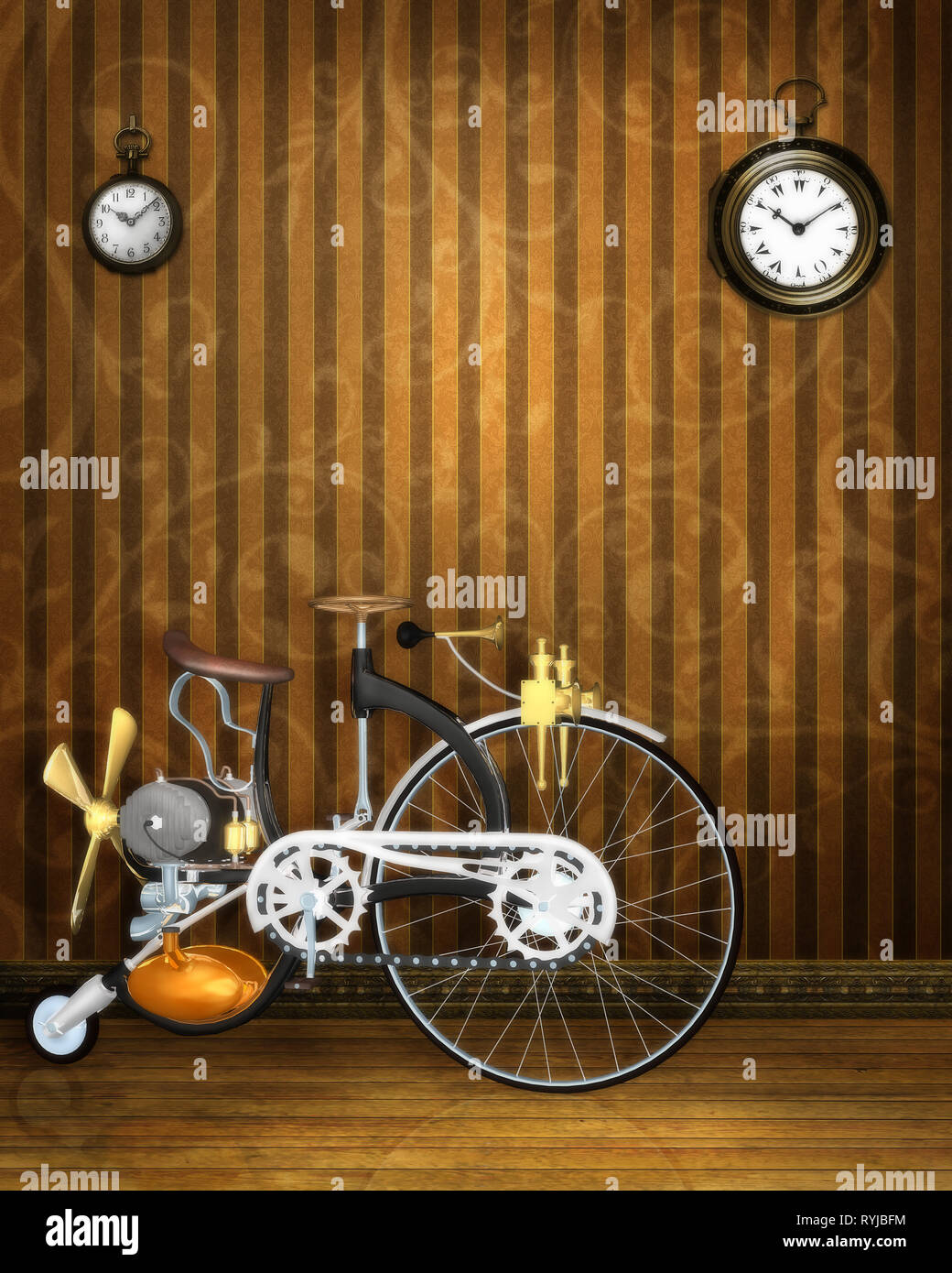 3d illustration graphic background of an interior with a retro cycle ...