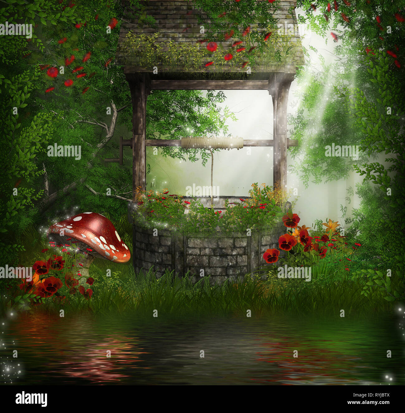 3d illustration fantasy graphic background of a stone well, flowers and ...