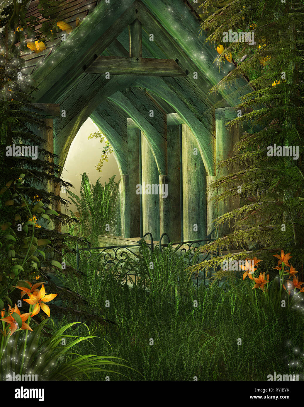 3d illustration fantasy graphic background of arch entry and flora ...