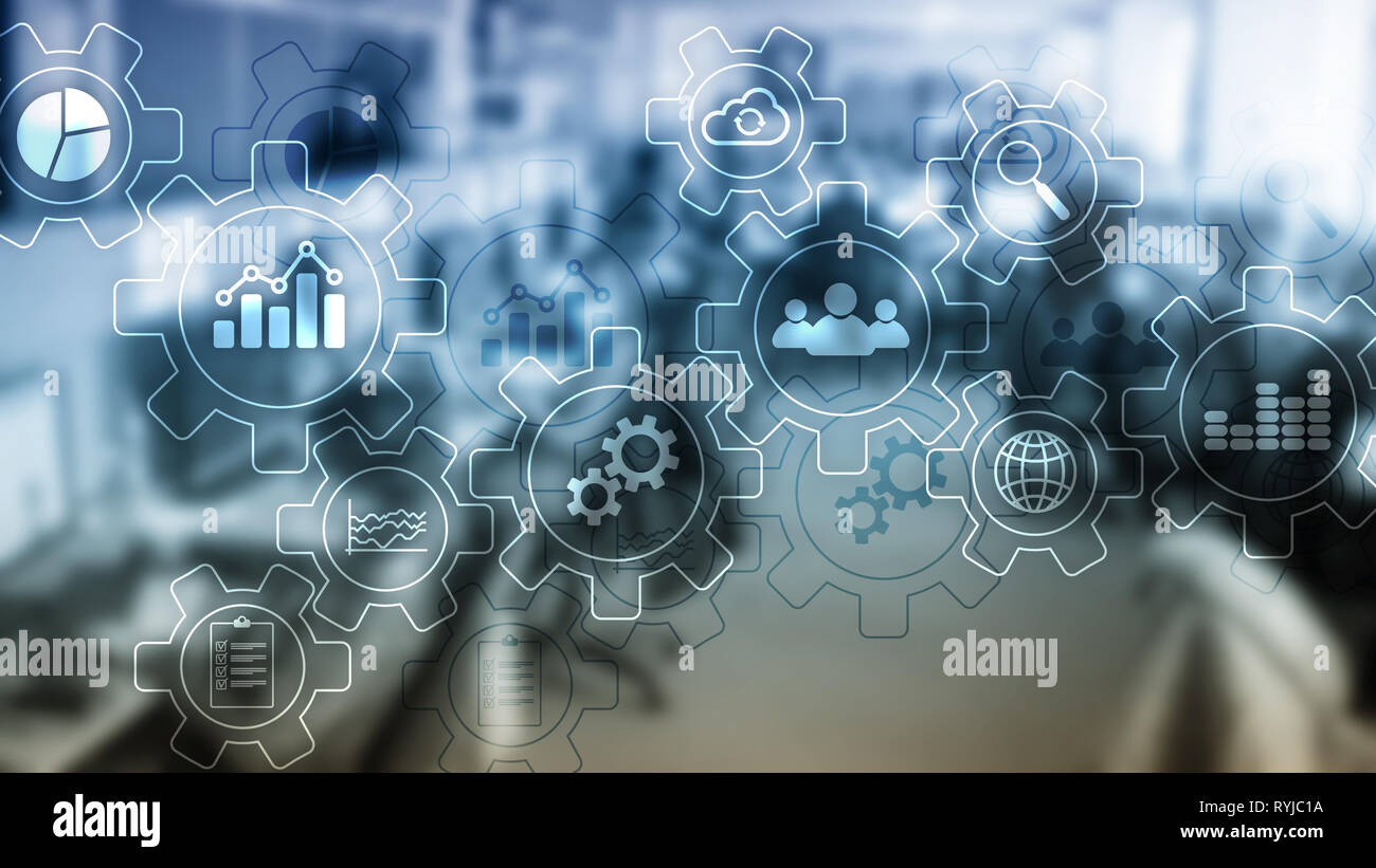 Business process abstract diagram with gears and icons. Workflow and ...