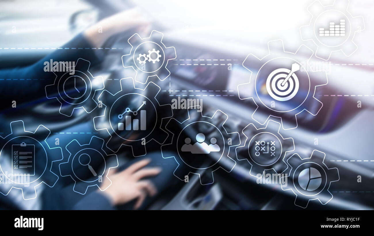 Business process automation concept. Gears and icons on abstract ...