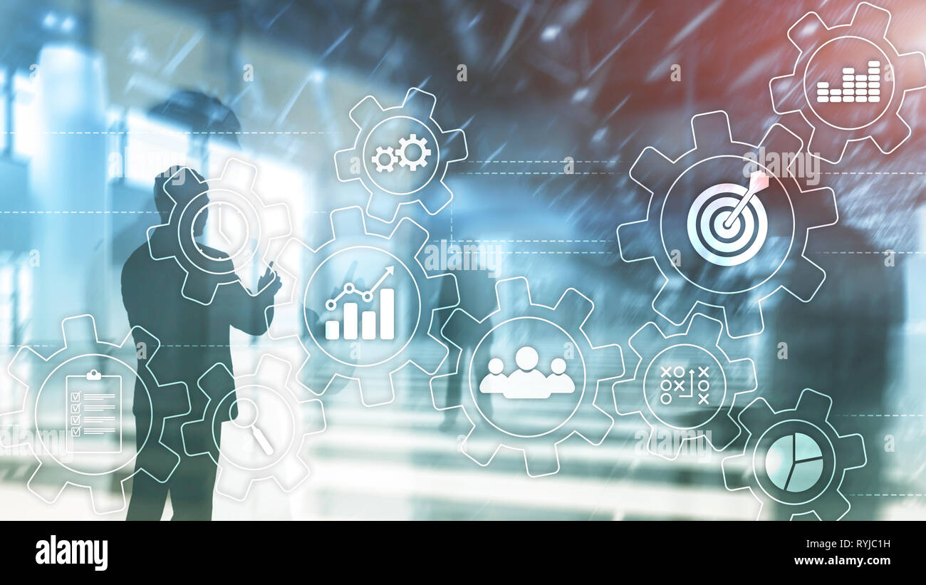 Business process automation concept. Gears and icons on abstract ...