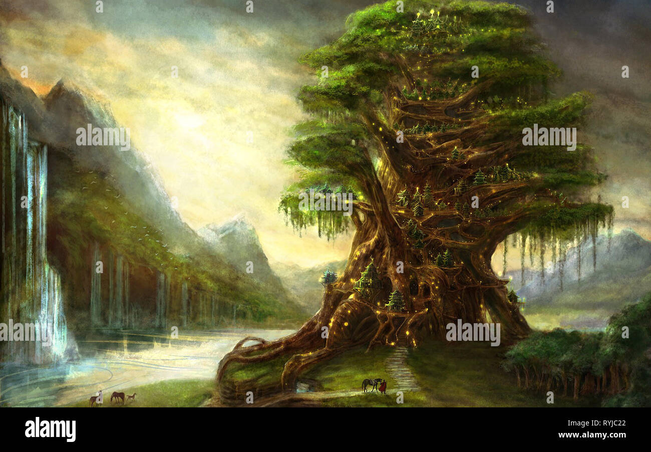 3d illustration fantasy graphic background of a huge tree with a lake ...