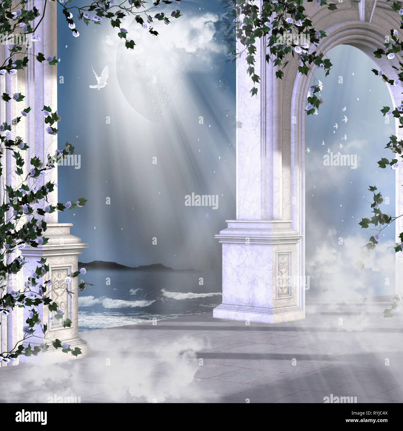 3d illustration fantasy graphic background of heaven with a moon and ...