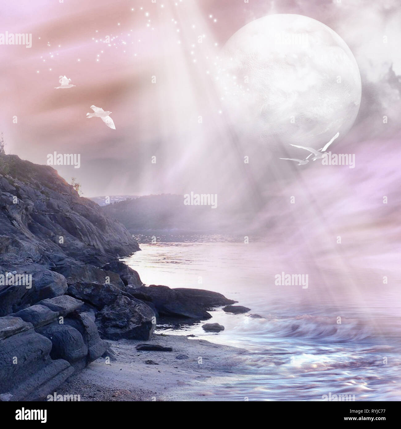 3d illustration fantasy graphic background of an ocean in heaven with a ...