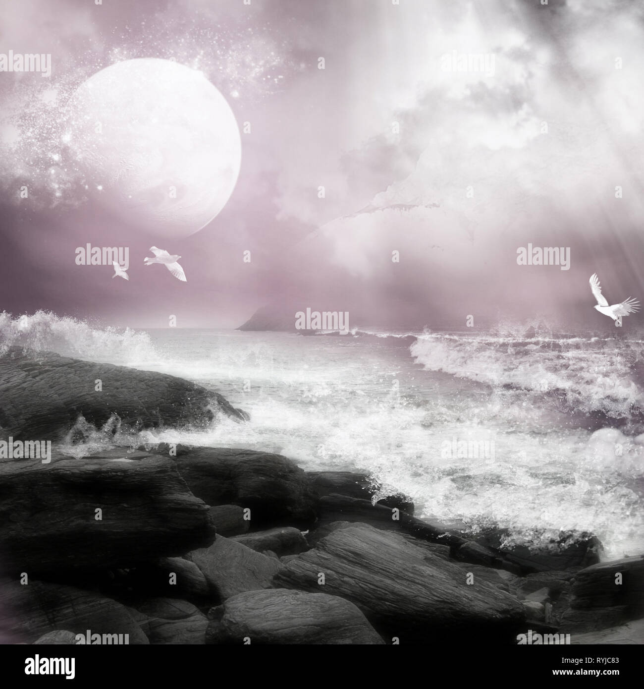 3d illustration fantasy graphic background of an ocean in heaven with a ...