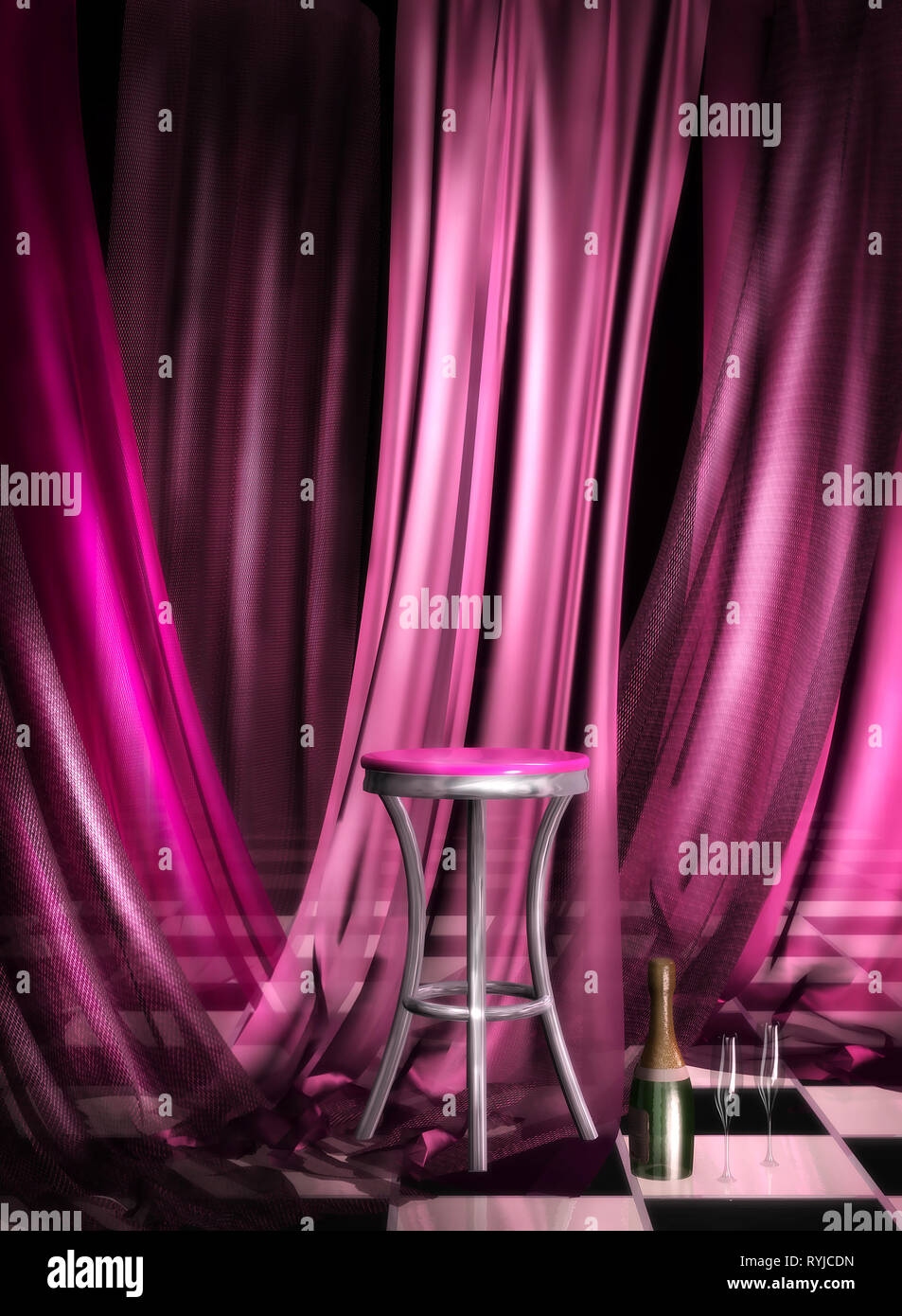 3d illustration of club interior with pink chair,drapes and a pink seat ...