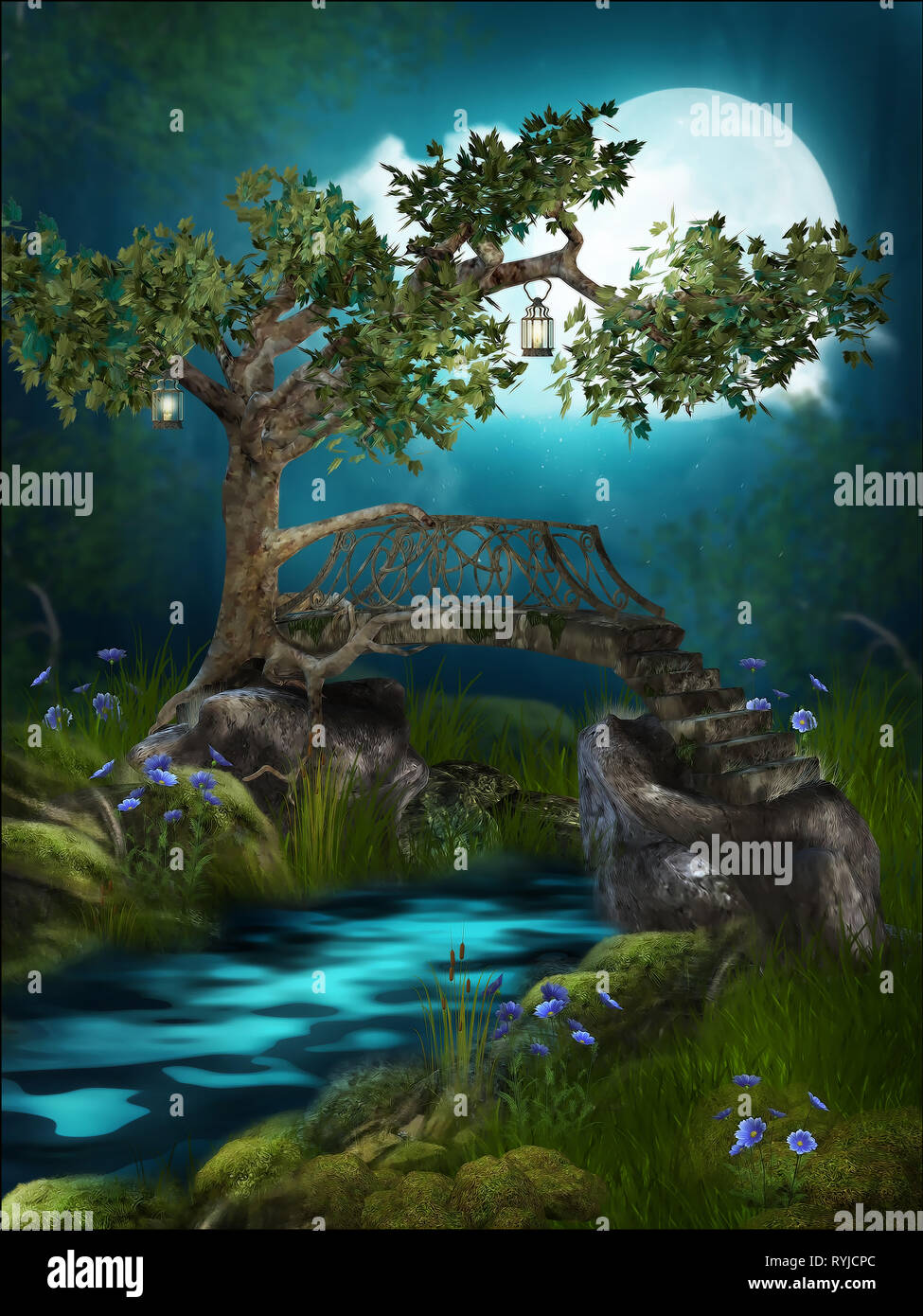 3d illustration fantasy graphic background of a natural bridge at night ...