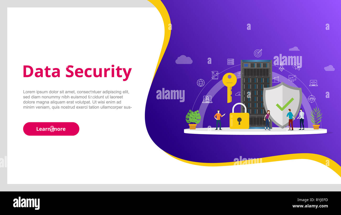 data security concept with people and server and secure icon database ...