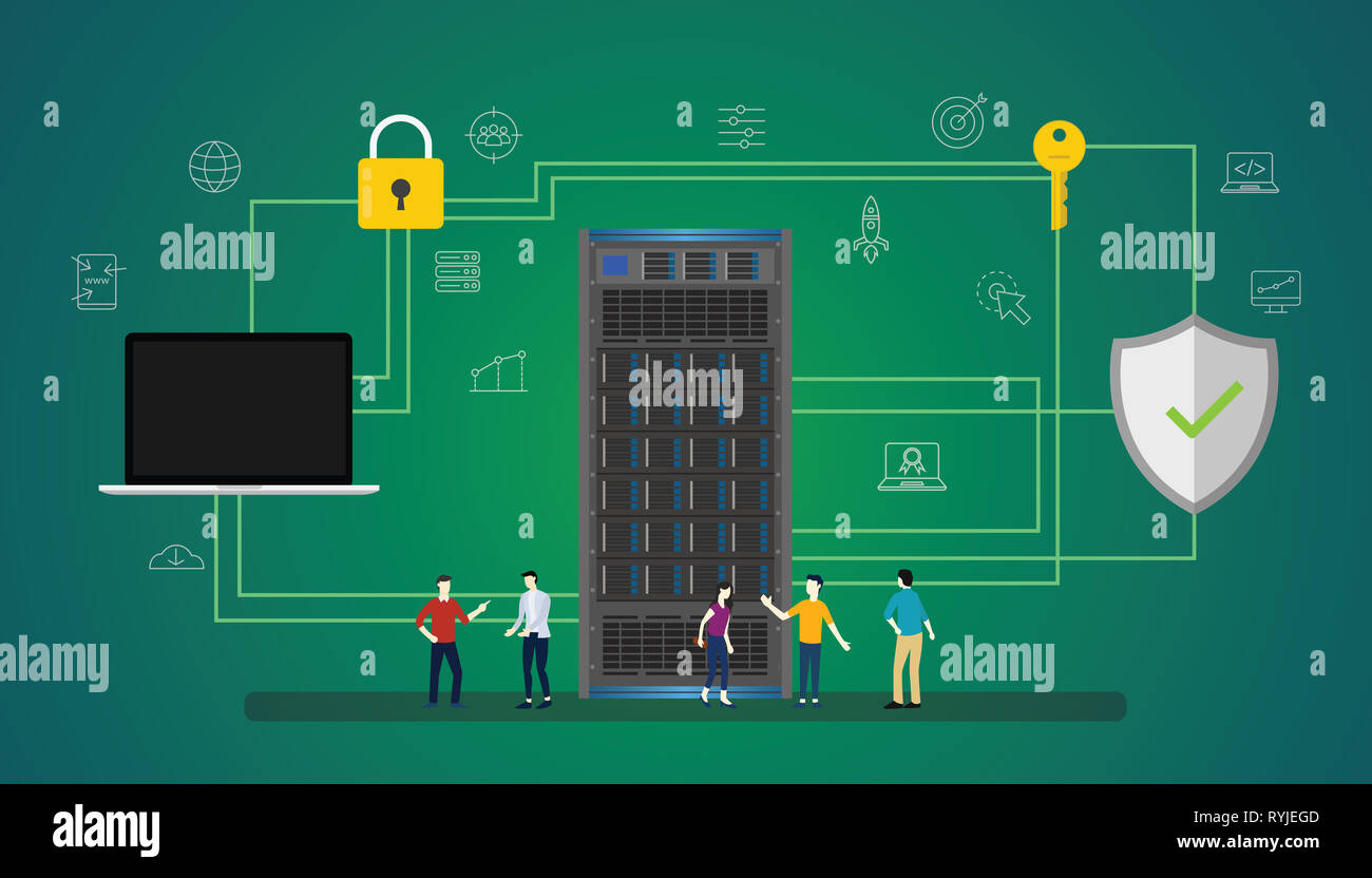 integrated data service concept with people server and secure icon ...