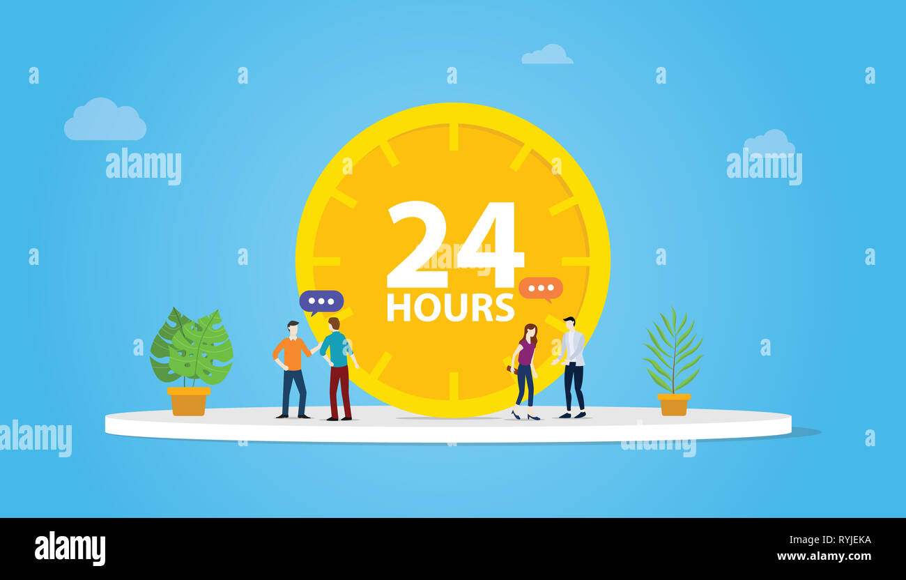 24 hours support service concept with clock and people team - vector ...