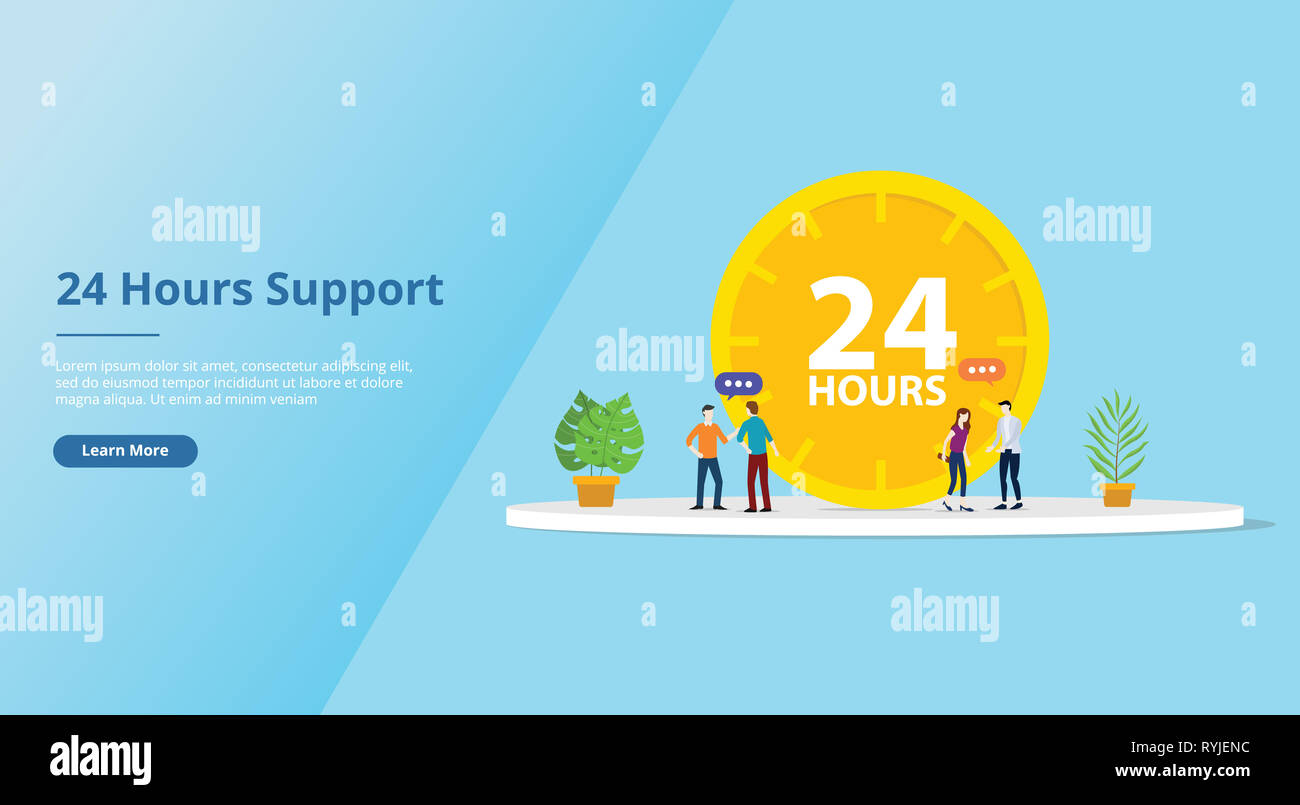 24 hours support service concept for website template page with clock ...
