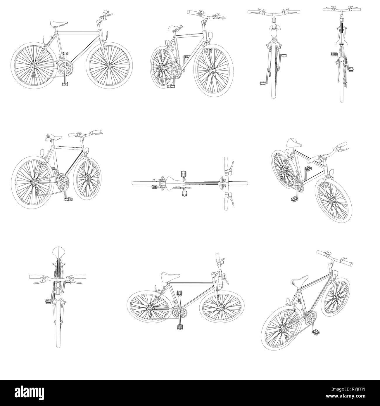 Set with detailed contours of bicycles. Front, top, isometric, back ...