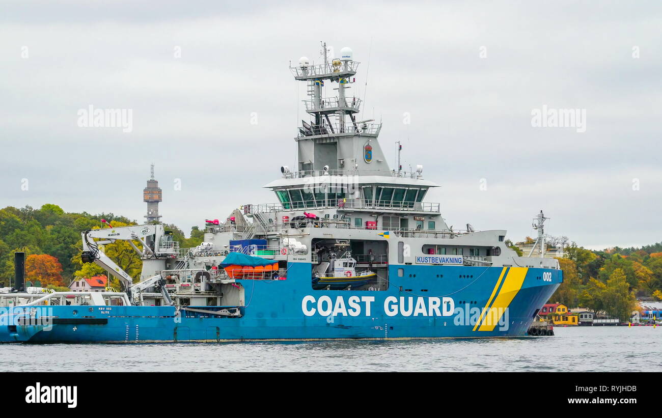 The big ship of the Coast Guard floating on the sea in Stockholm Sweden ...