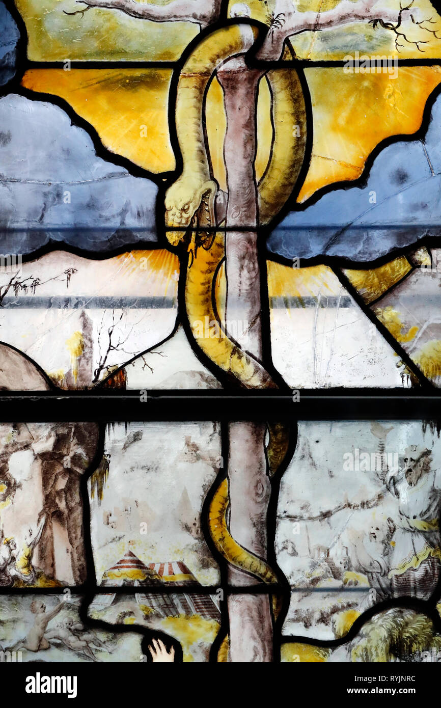 Saint Etienne du Mont church. Stained glass window. The Brazen Serpent ...