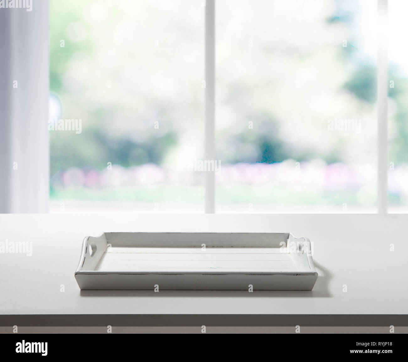 White tray on table top view macro. Vintage wooden tray with wooden ...