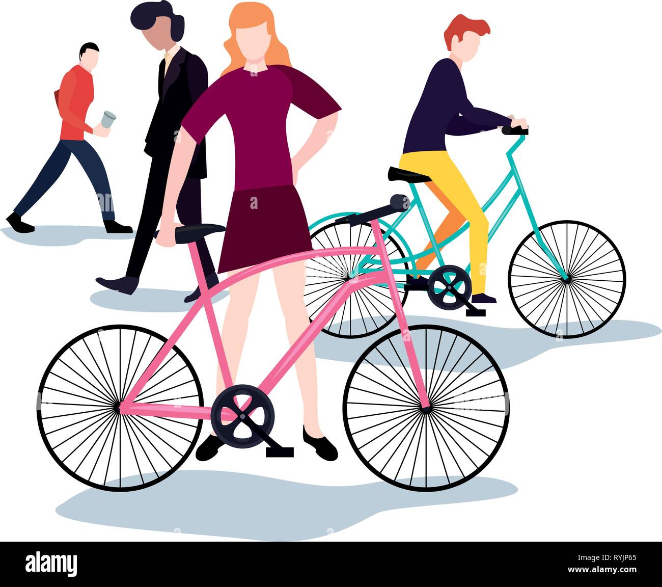 people with bikes and walking activities vector illustration Stock ...