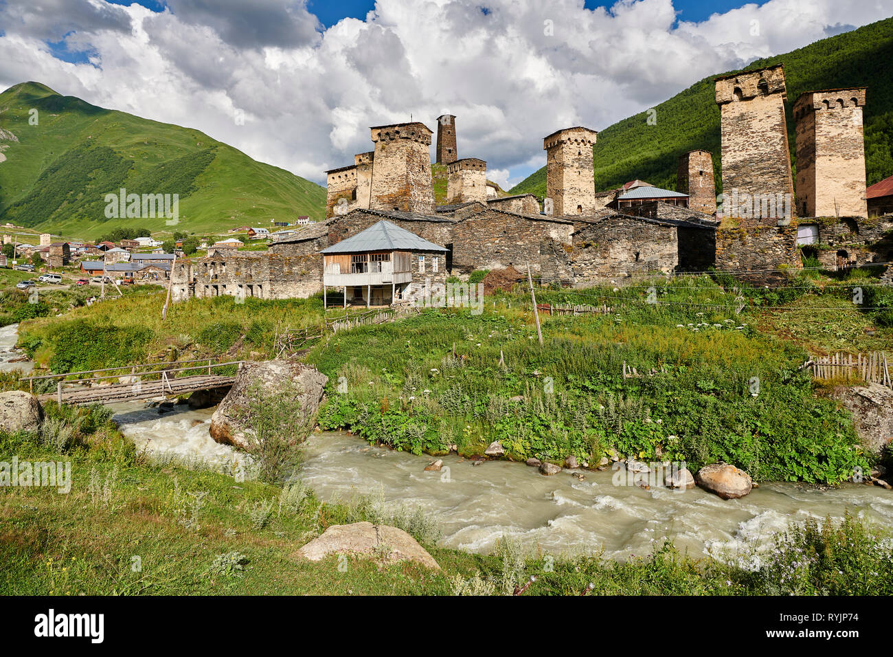 Stone medieval Svaneti tower houses of Chazhashi, Ushguli, Upper ...