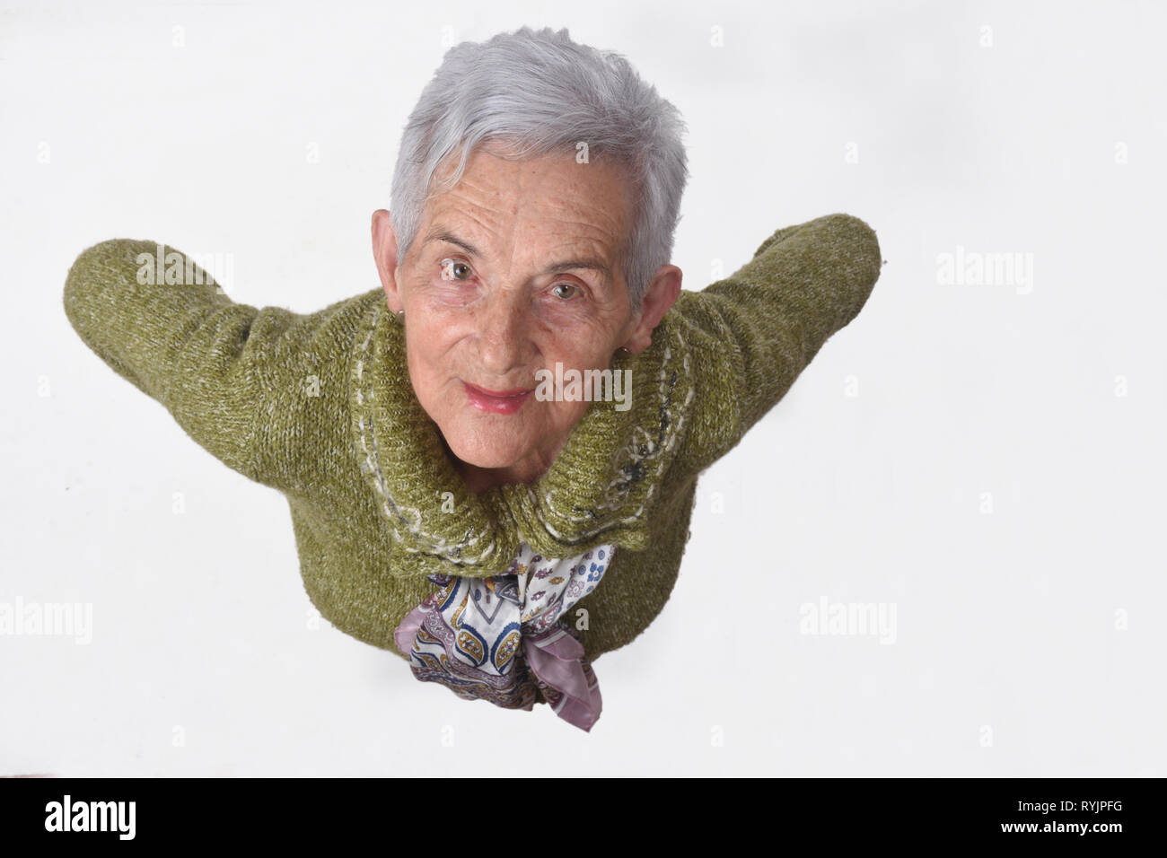 portrait view from above of an older woman on white background Stock ...