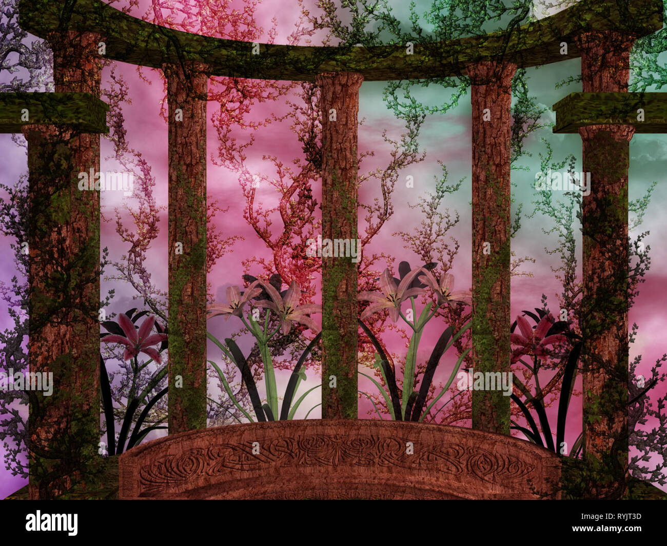 3d illustration graphic background of columns with creepers and plants ...