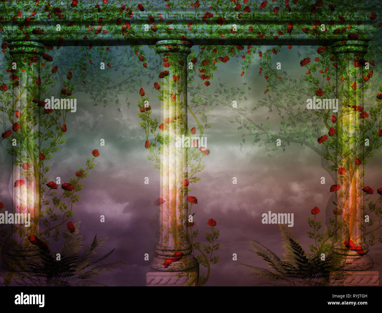 3d illustration graphic background of columns with creepers and plants ...