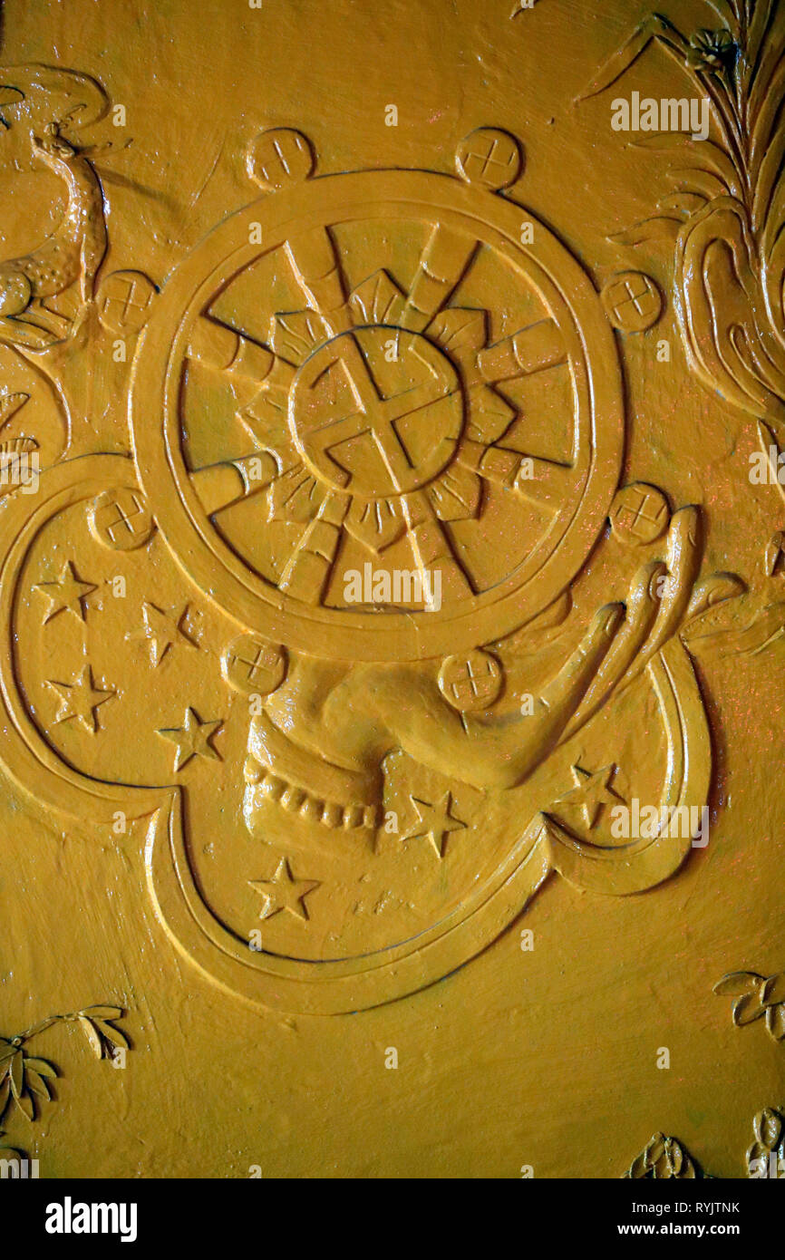 Thien Hung buddhist temple. Hand with Dharma Wheel. Dharmachakra, the ...