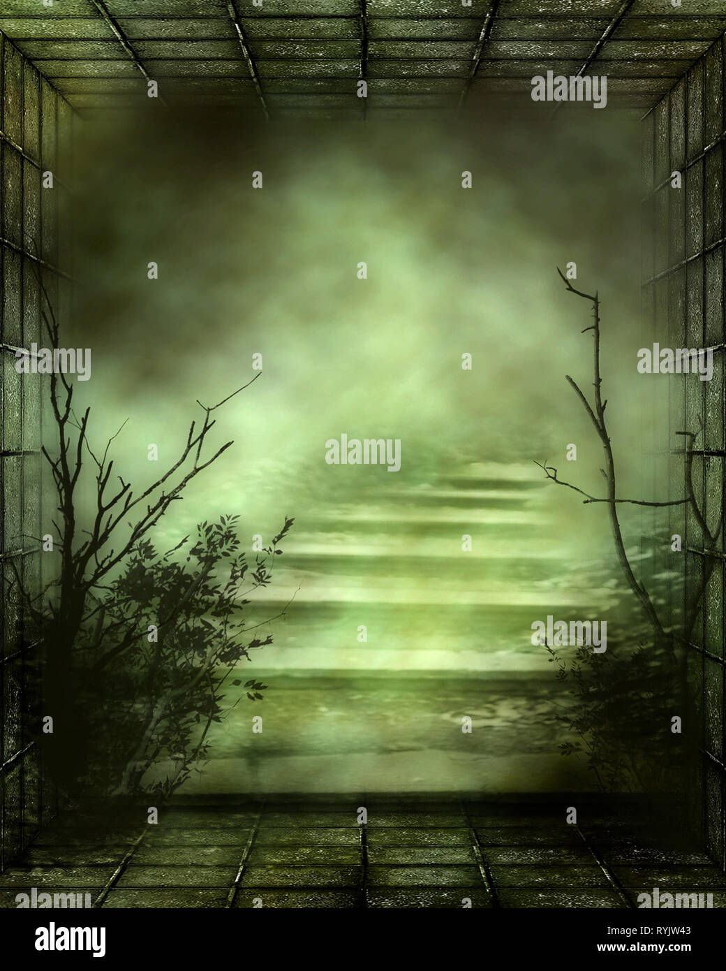 3d illustration graphic background of nature with fog and plants Stock ...