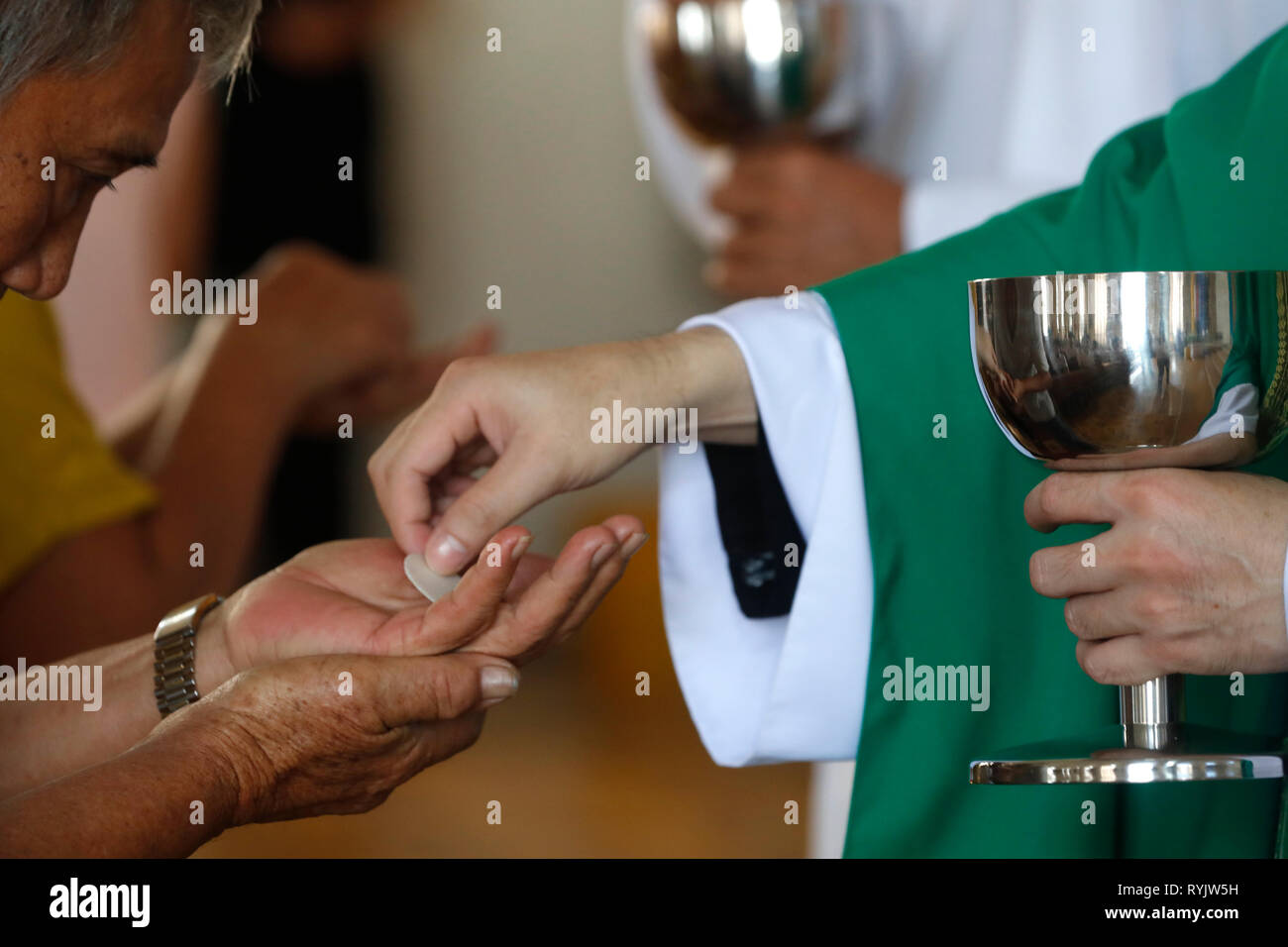 Catholic mass. Priest giving the Holy Communion. Chau Doc church ...