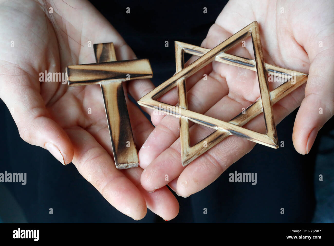 Christianity and Judaism. Jewish Star and Cross. Interreligious symbols ...