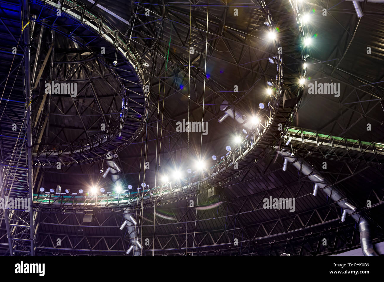 Lighting at hall ceiling. ceiling of an indoor stadium construction ...