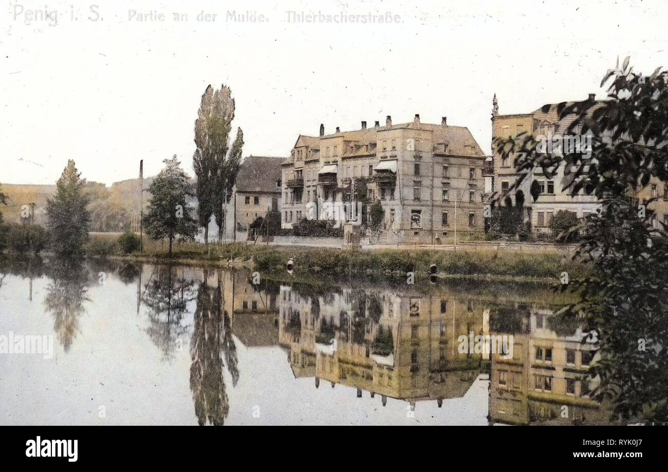 Buildings in Penig, Water reflections in Saxony, 1913, Landkreis ...