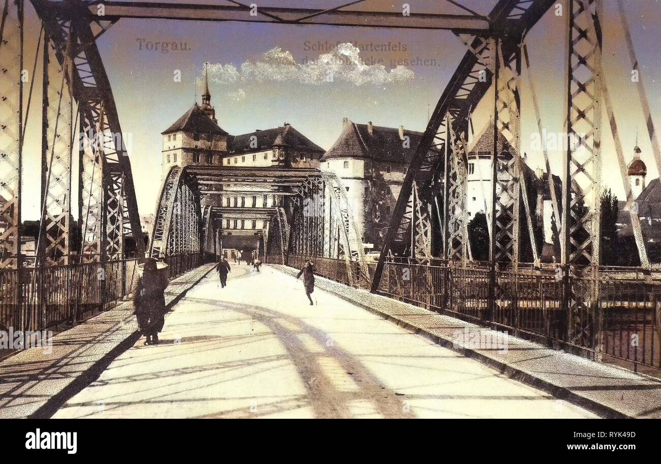 Bridges in Torgau, Elbe in Torgau, Schloss Hartenfels, Torgau, 1914 ...