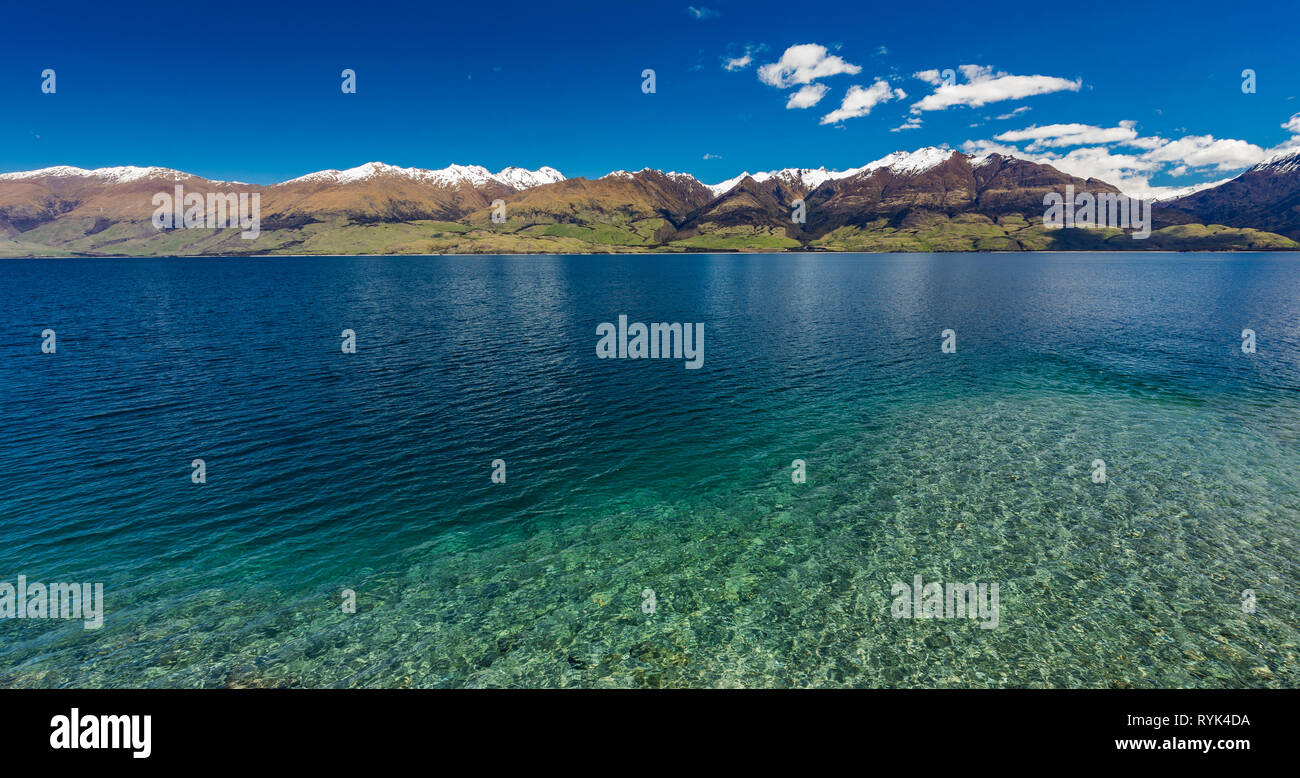 Aerial drone view of north side of Lake Wanaka at Makarora, South ...