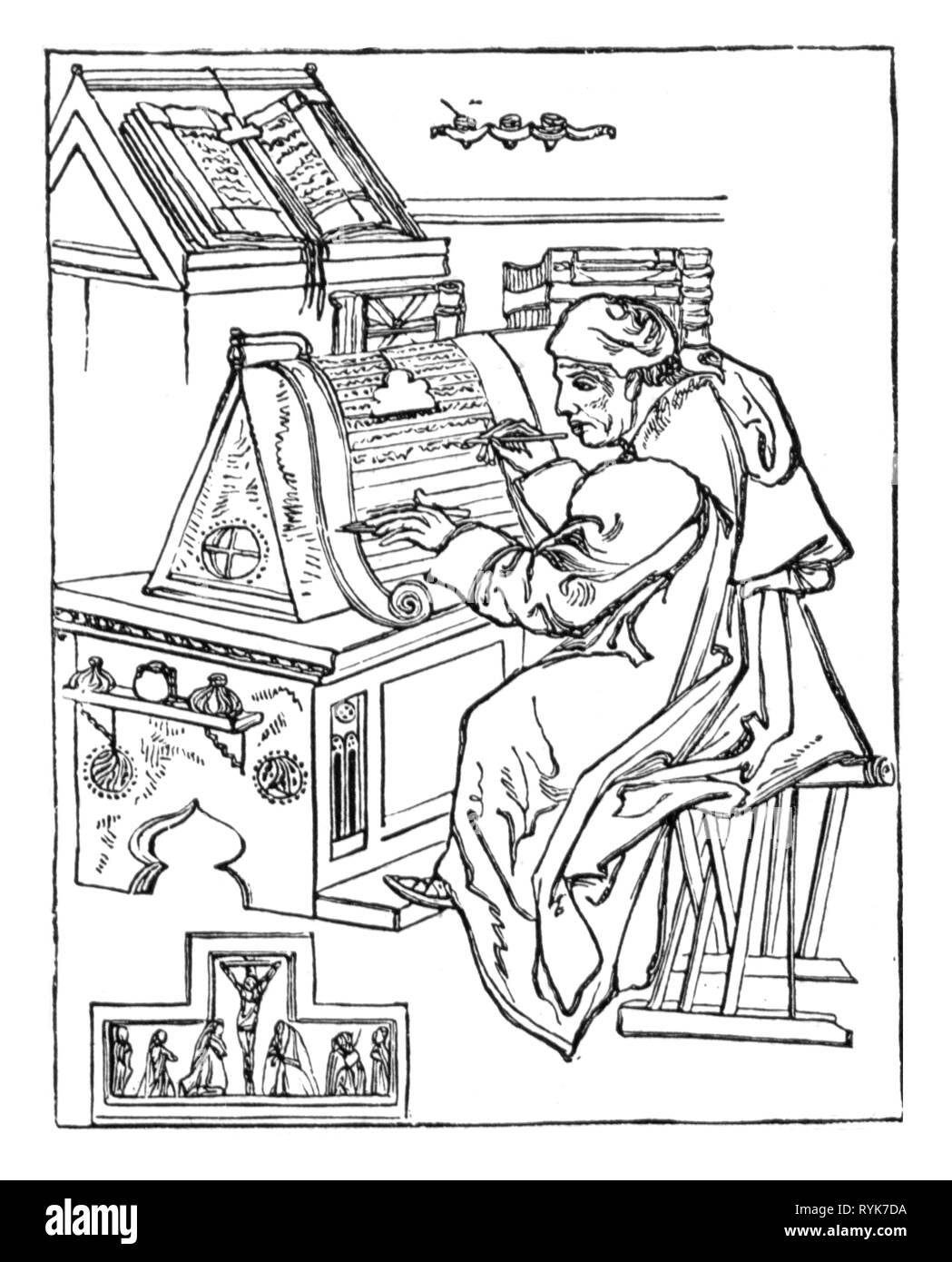 writing, scrivener, monk at the lectern with reed pen and pen knife ...