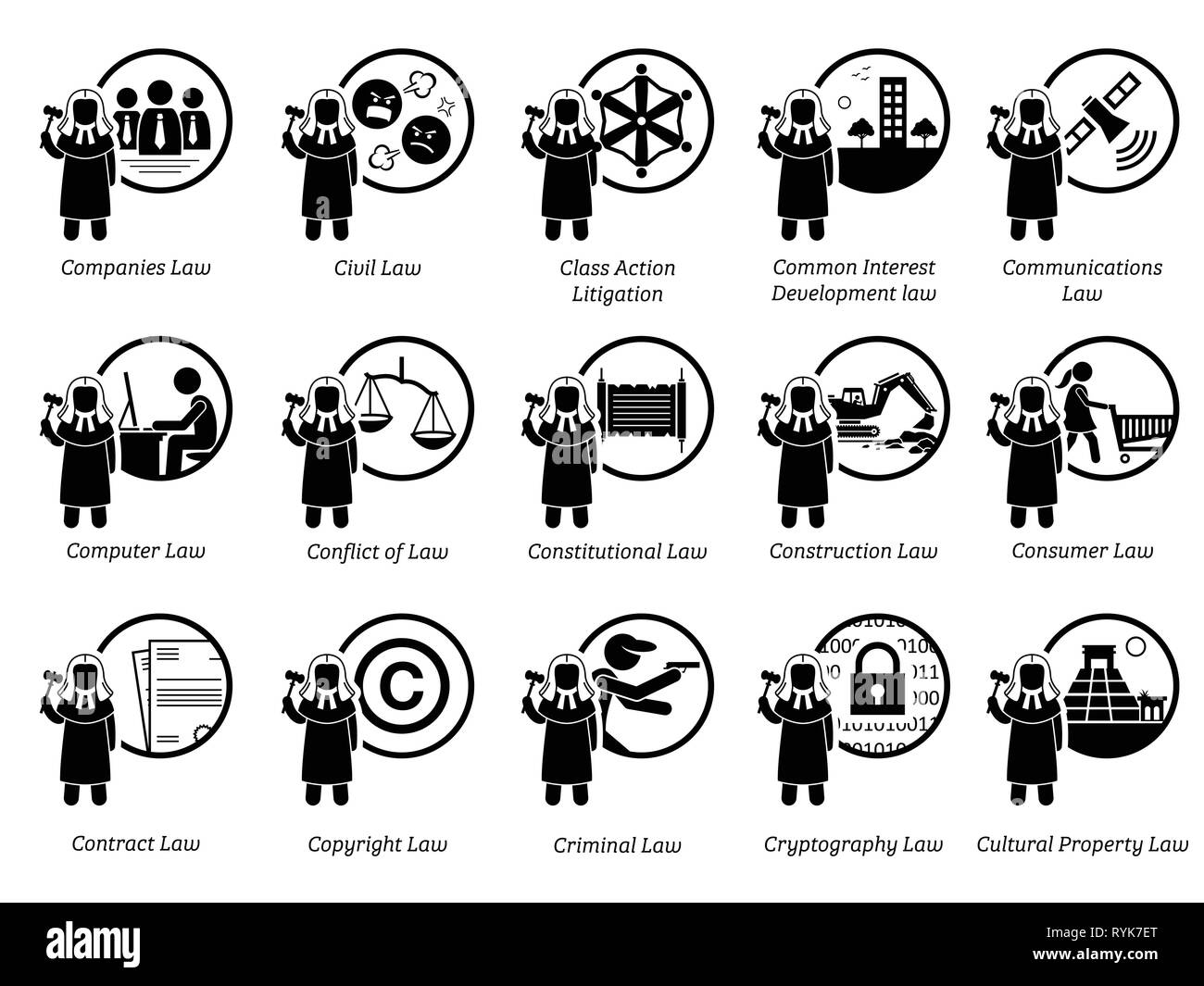 Different type of laws. Icons depict field and area of laws, justice ...