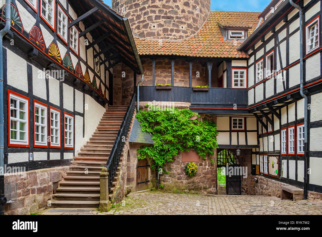View of the cobblestoned castle courtyard from inside the Ludwigstein ...