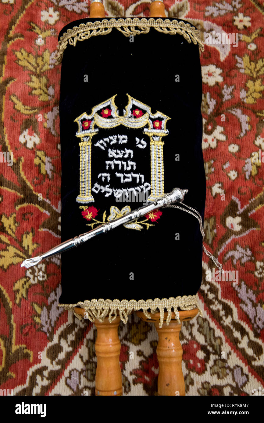 The 4 sephardic synagogues, Jerusalem old city, Israel. Torah scroll in ...
