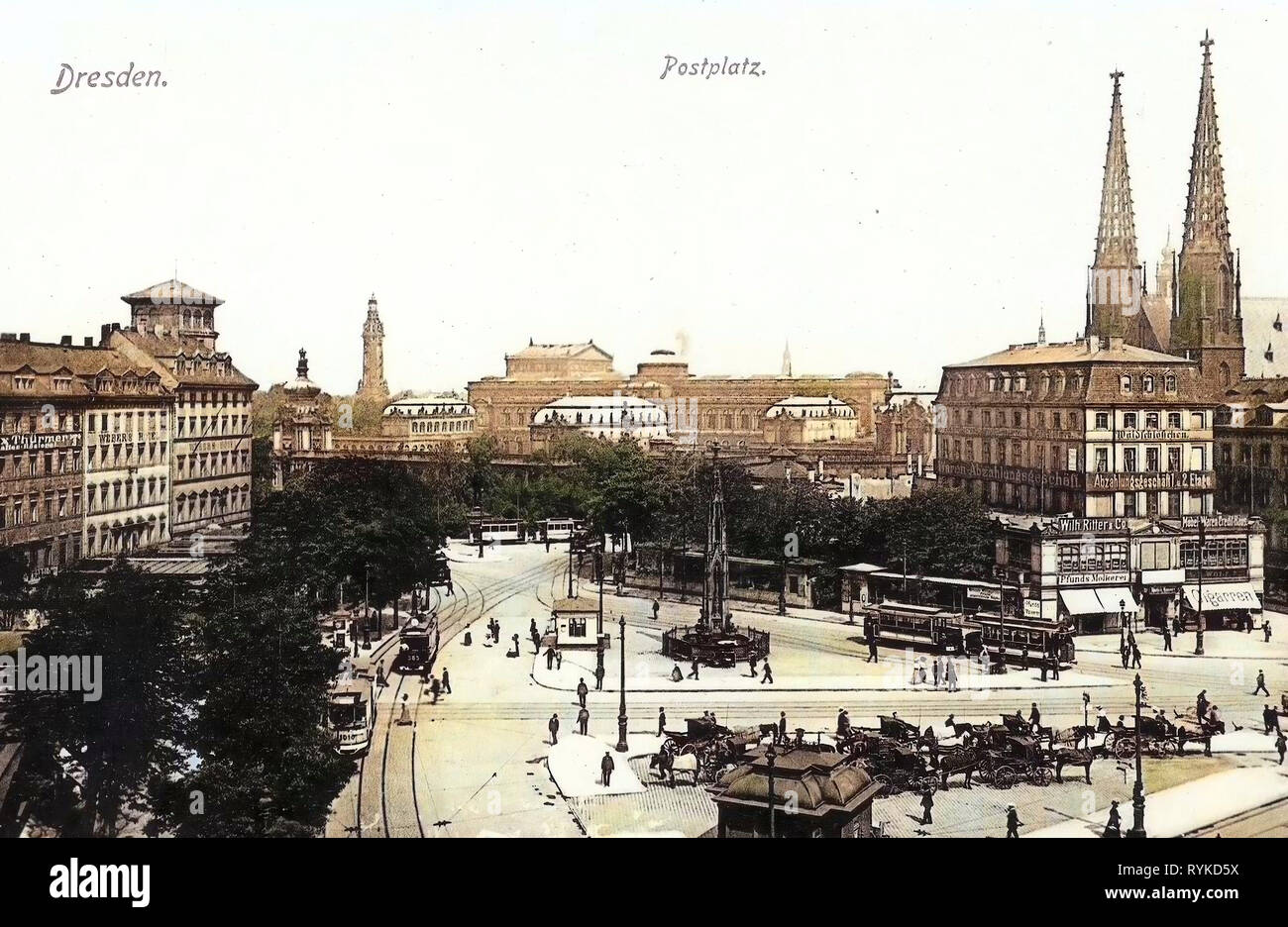 Postplatz, Dresden, Sophienkirche (Dresden), Horse-drawn carriages in ...