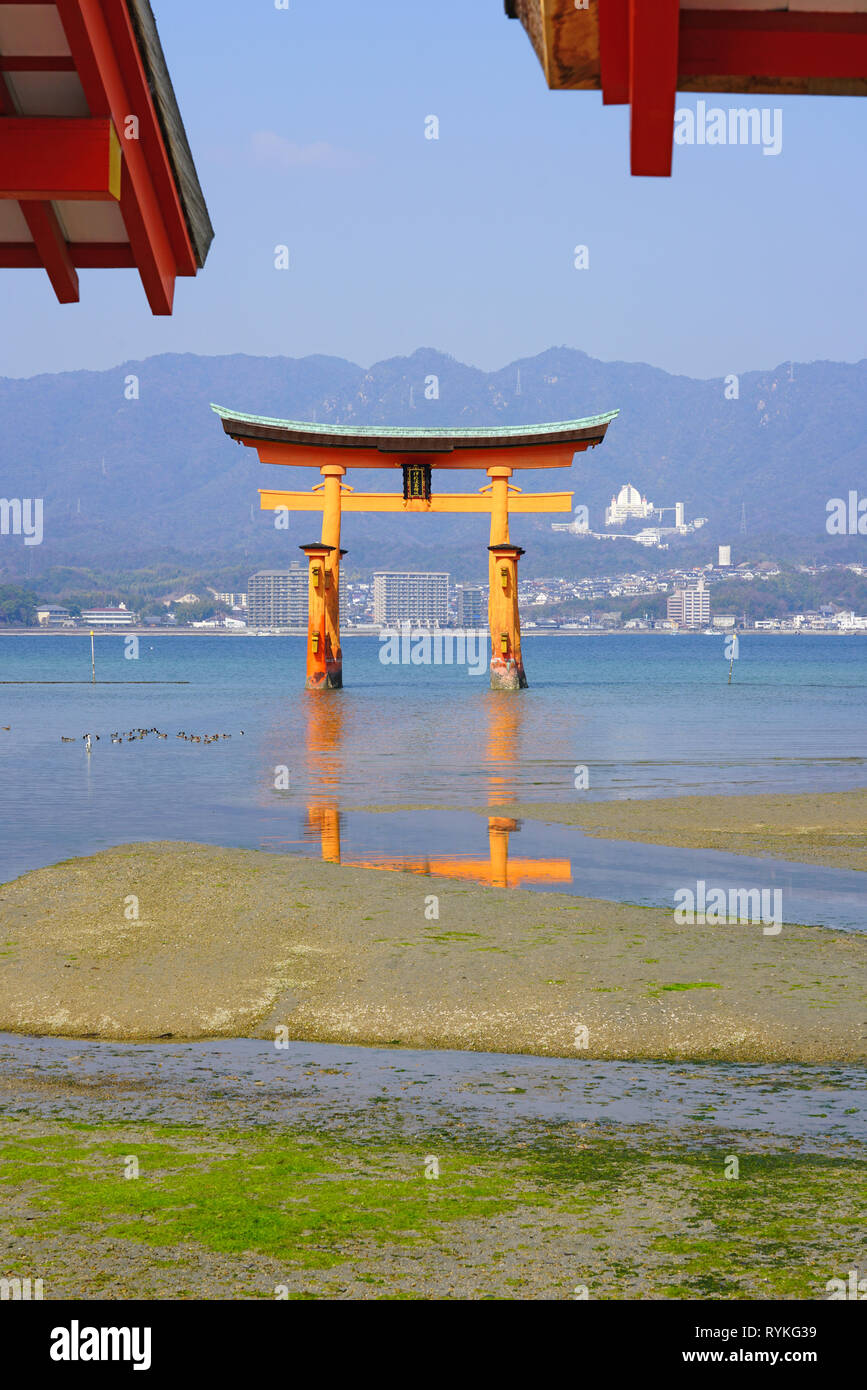 View of the red floating torii gate to the Itsukushima Shrine in ...