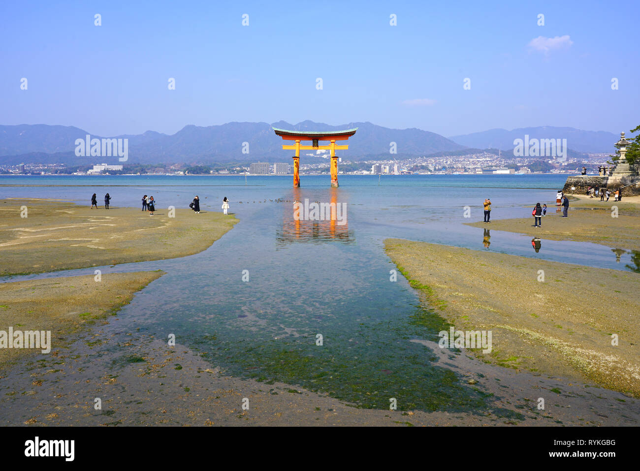 View of the red floating torii gate to the Itsukushima Shrine in ...