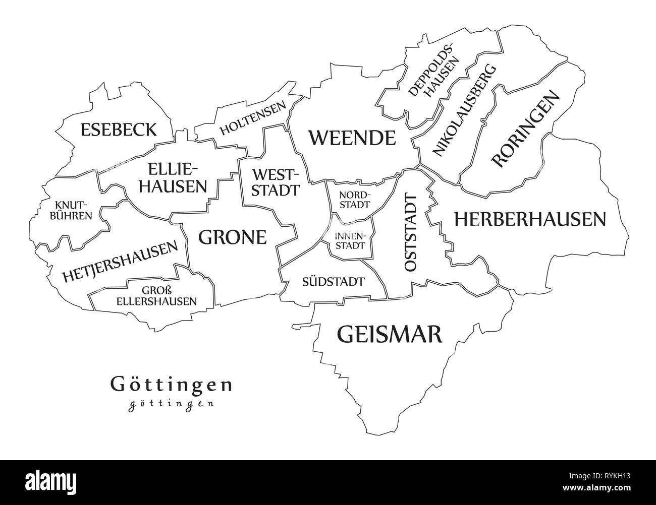 Modern City Map - Goettingen city of Germany with boroughs and titles DE outline map Stock ...
