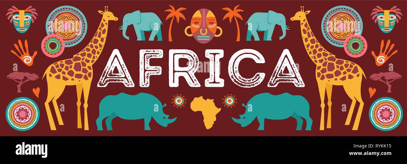 Africa banner, vector illustration of Safari, animals, tribal symbols ...