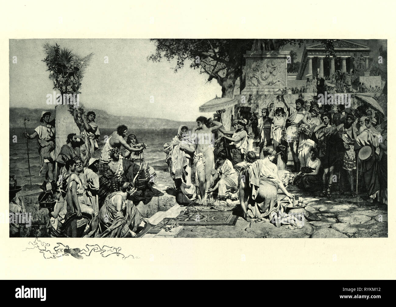 Vintage engraving of Ancient Greece, Phryne at the Poseidonia in ...